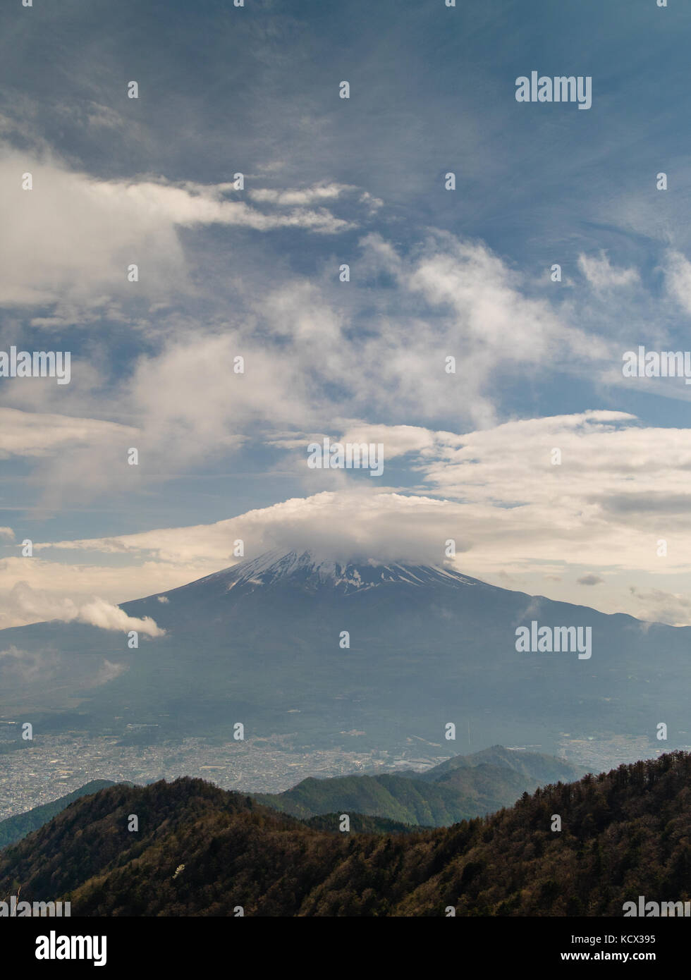 Mount Fuji, as seen from the top of an opposite mountain in Yamanashi ...