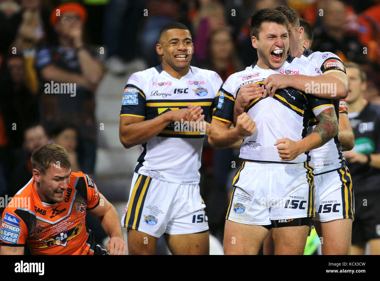Leeds Rhinos' Tom Briscoe celebrates scoring a try during the Betfred ...