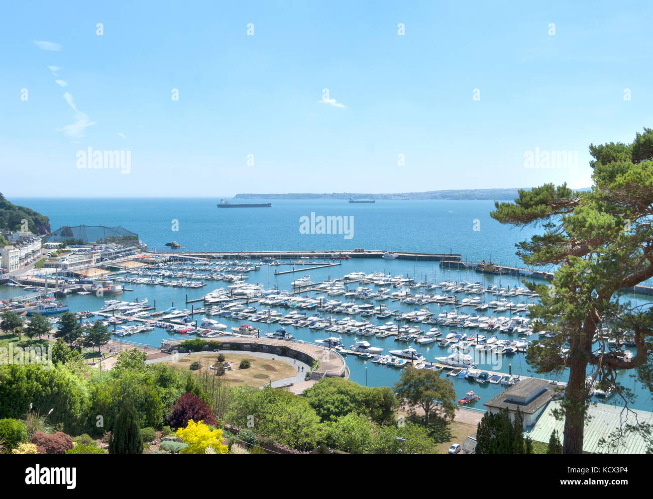 Aerial view on a summer day across Torquay Marina and Harbour with the ...