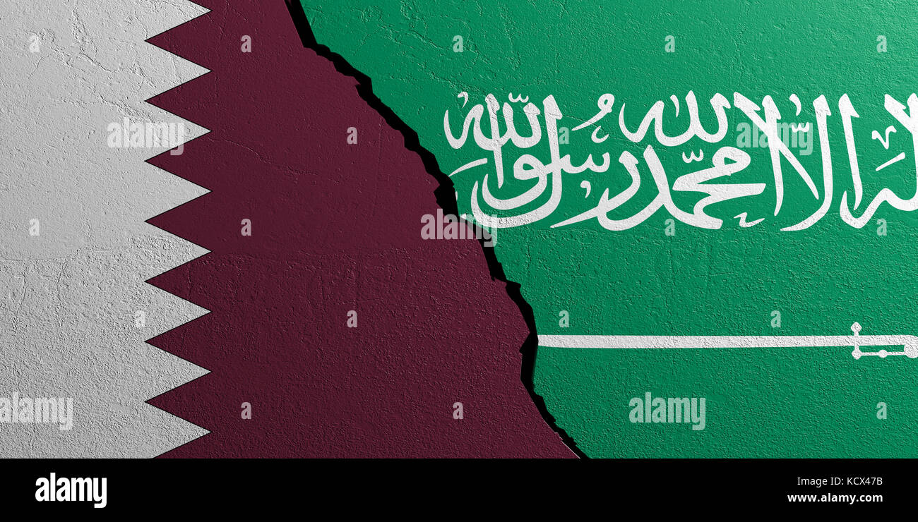 Saudi Arab and Qatar relationship. Flags on plastered wall background ...