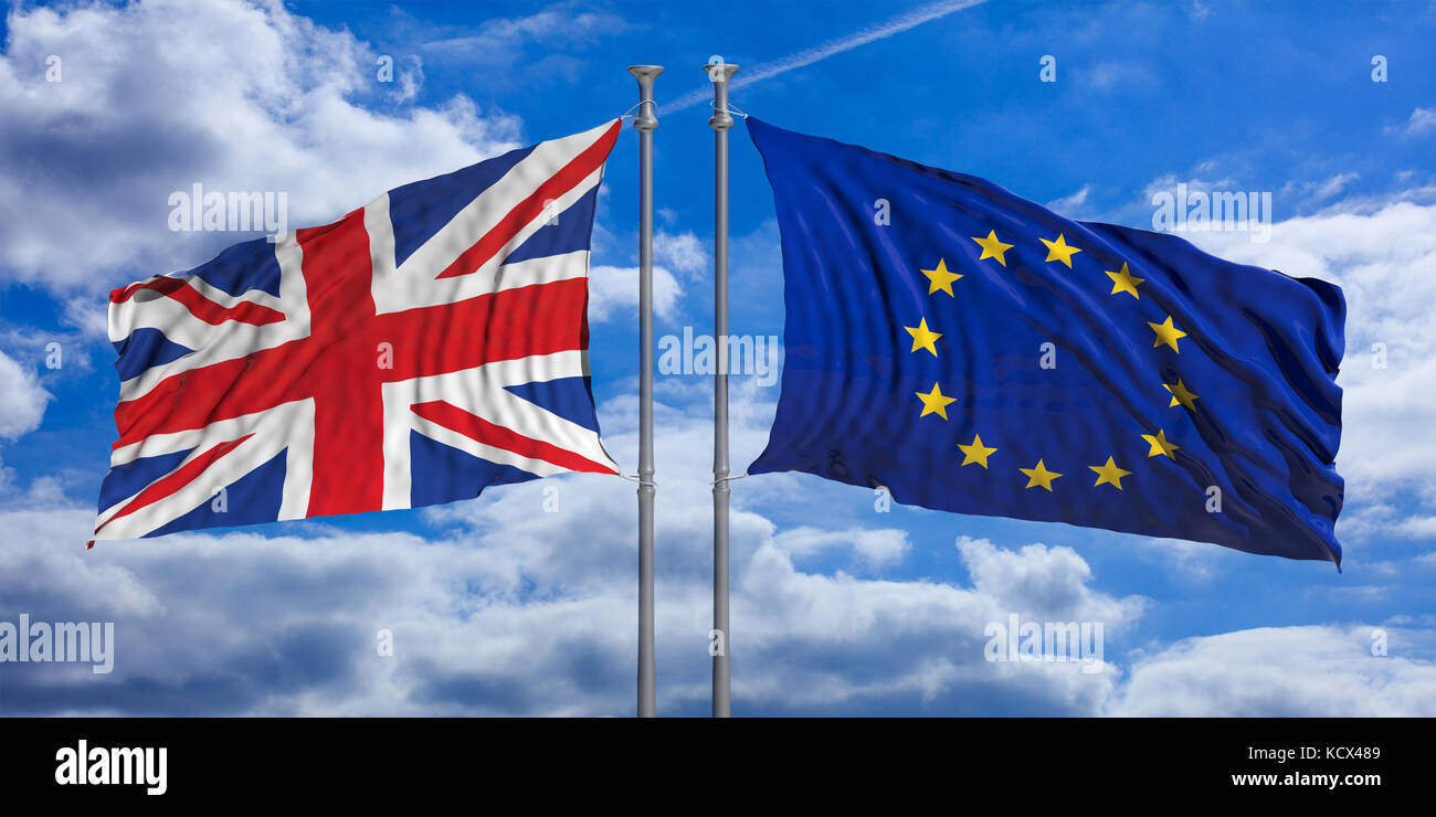 United Kingdom and European Union flags waving on blue sky background ...