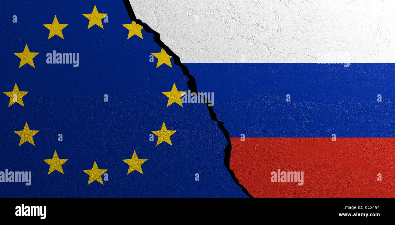 European Union and Russia relationship. Flags on plastered wall ...