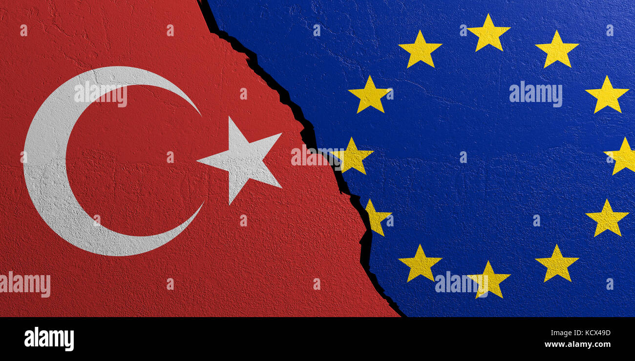 European Union and Turkey relationship. Flags on plastered wall ...