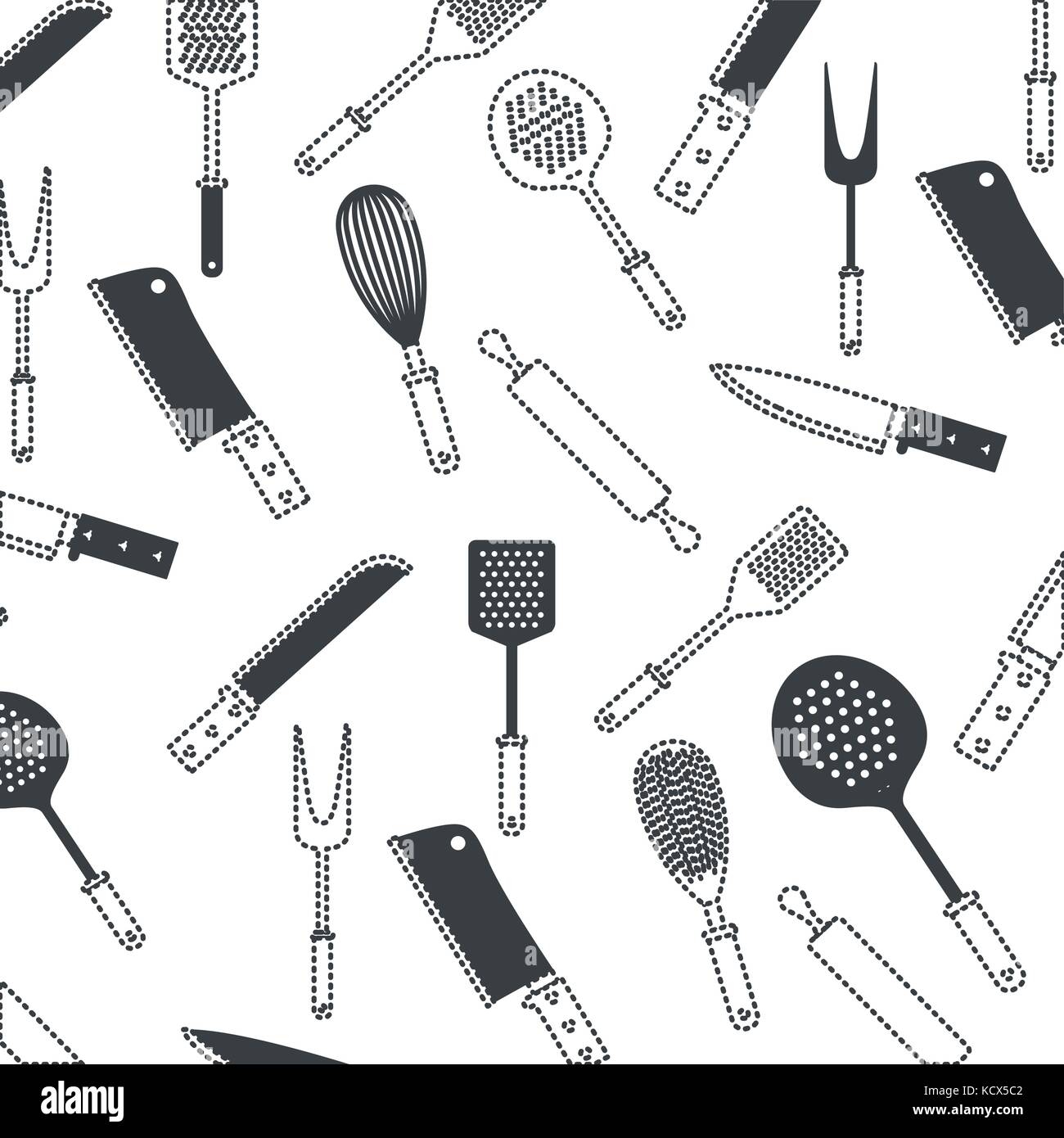 kitchen utensils black pattern silhouette and dotted contour Stock ...