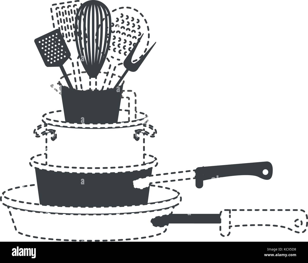 stewpan stack and kitchen utensils black silhouette and dotted contour ...