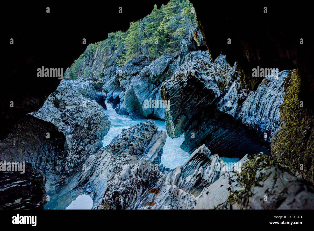 Jagged rock formations caused by water cation, Kicking Horse River ...