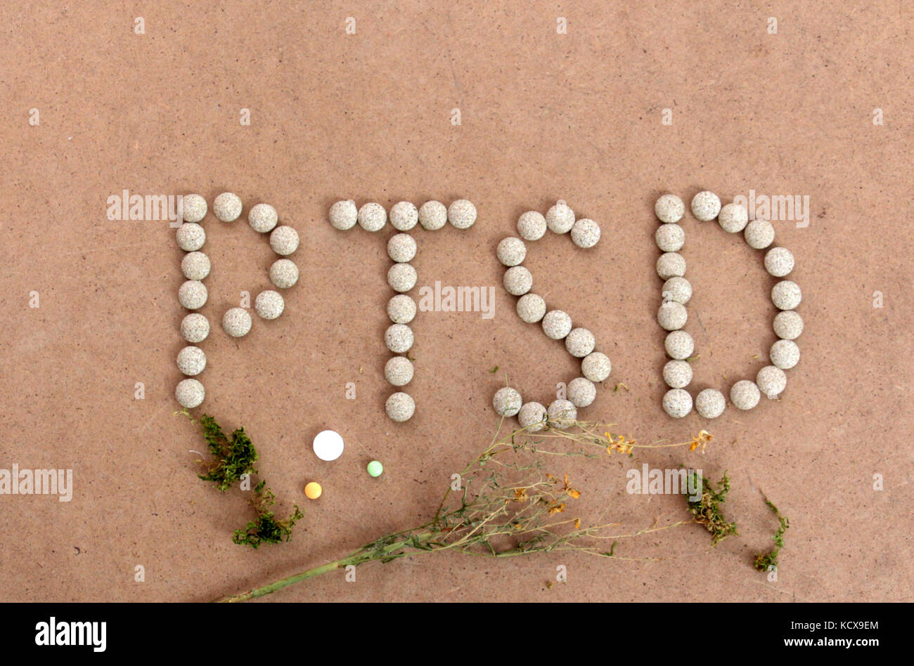 picture of a PTSD text with herbal pills on a wood background Stock ...