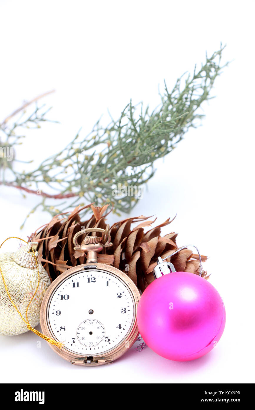 picture of a Christmastime with vintage clock, baubles and cone Stock ...