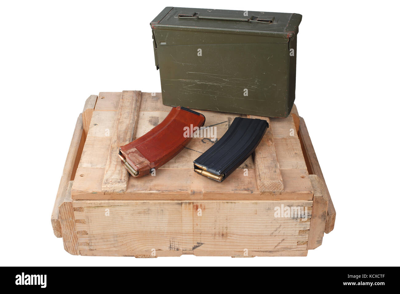m16 and ak47 magazins on wooden box Stock Photo - Alamy
