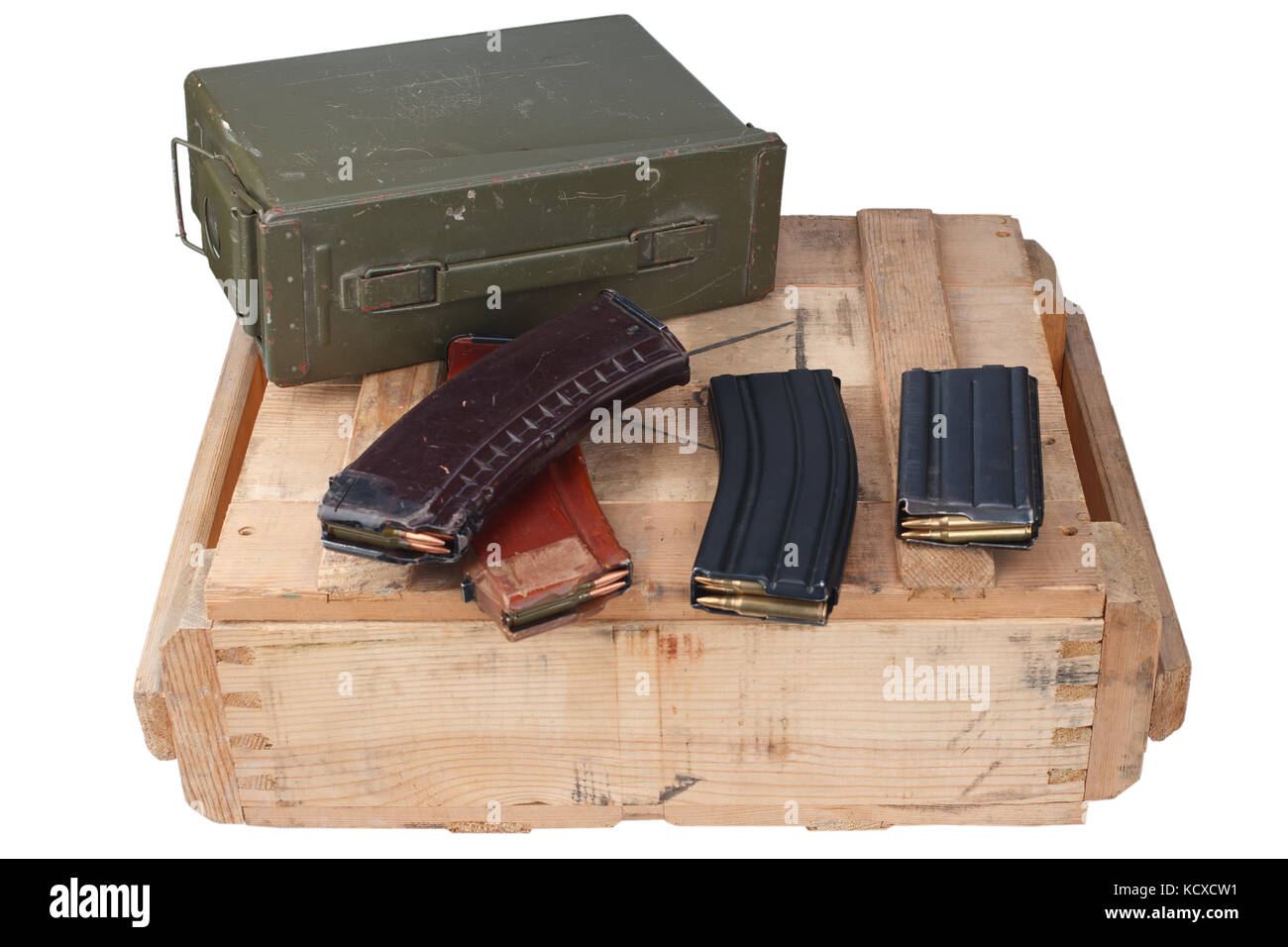 m16 and ak47 magazins on wooden box Stock Photo - Alamy