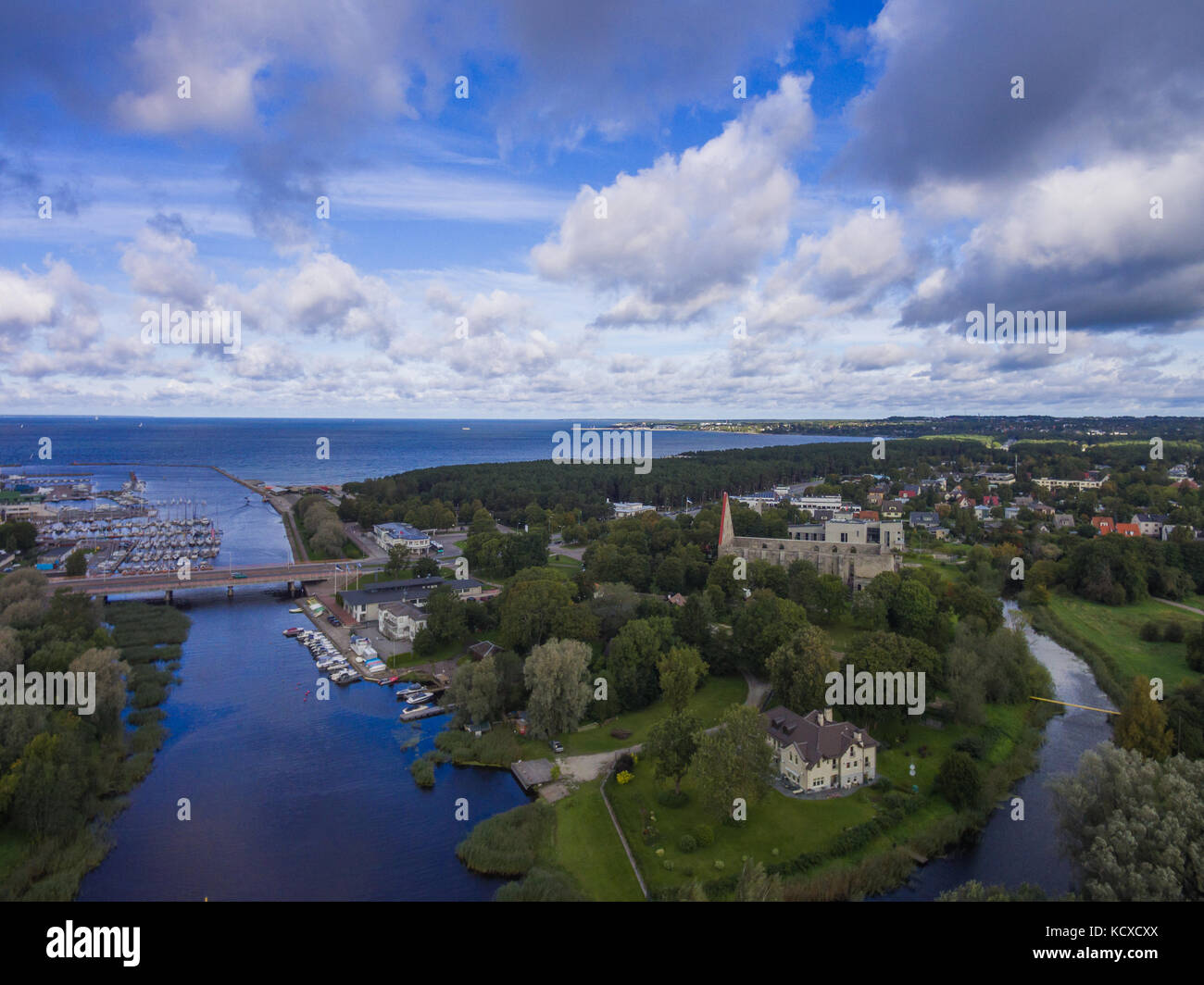Aerial view river in the forest in Tallinn Estonia, district Pirita ...