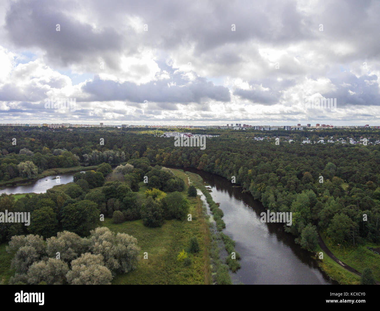 Aerial view river in the forest in Tallinn Estonia, district Pirita ...