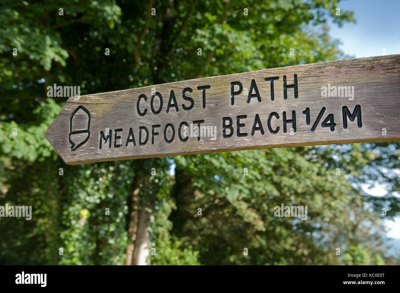 Wooden finger post sign to Meadfoot Beach. With acorn symbol of ...