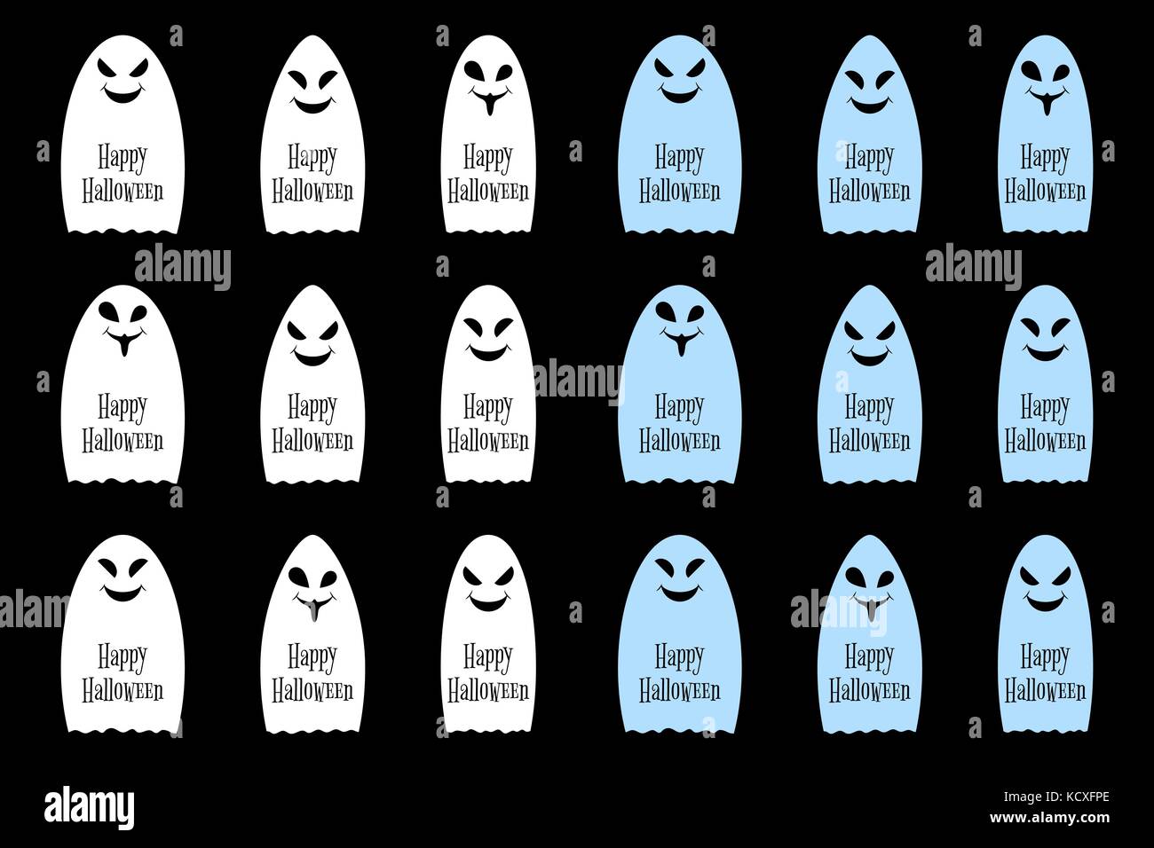 Simple cartoon ghost with smile and inscription Happy Halloween, set of ...