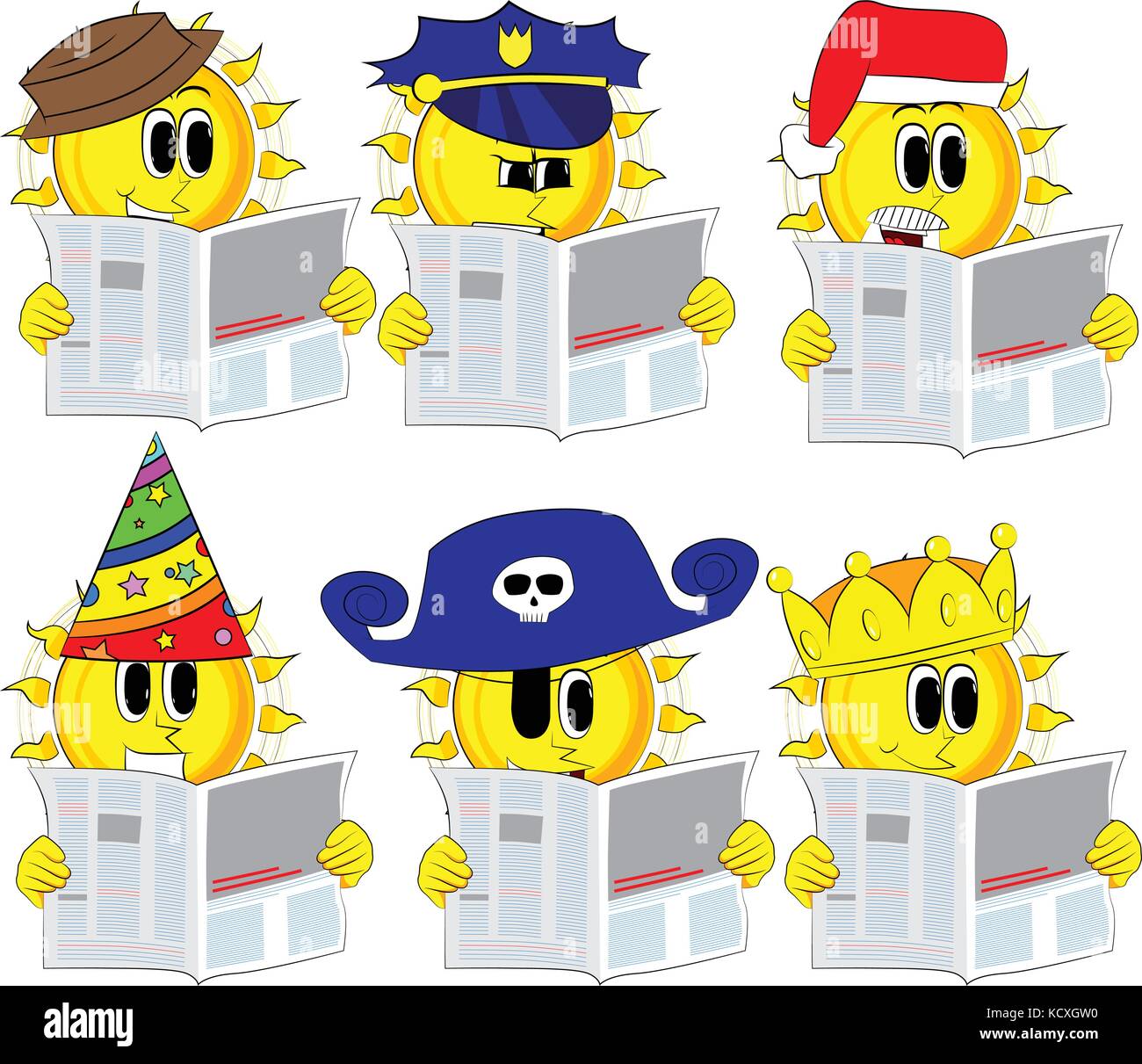Cartoon sun reading newspaper. Collection with costume. Expressions ...