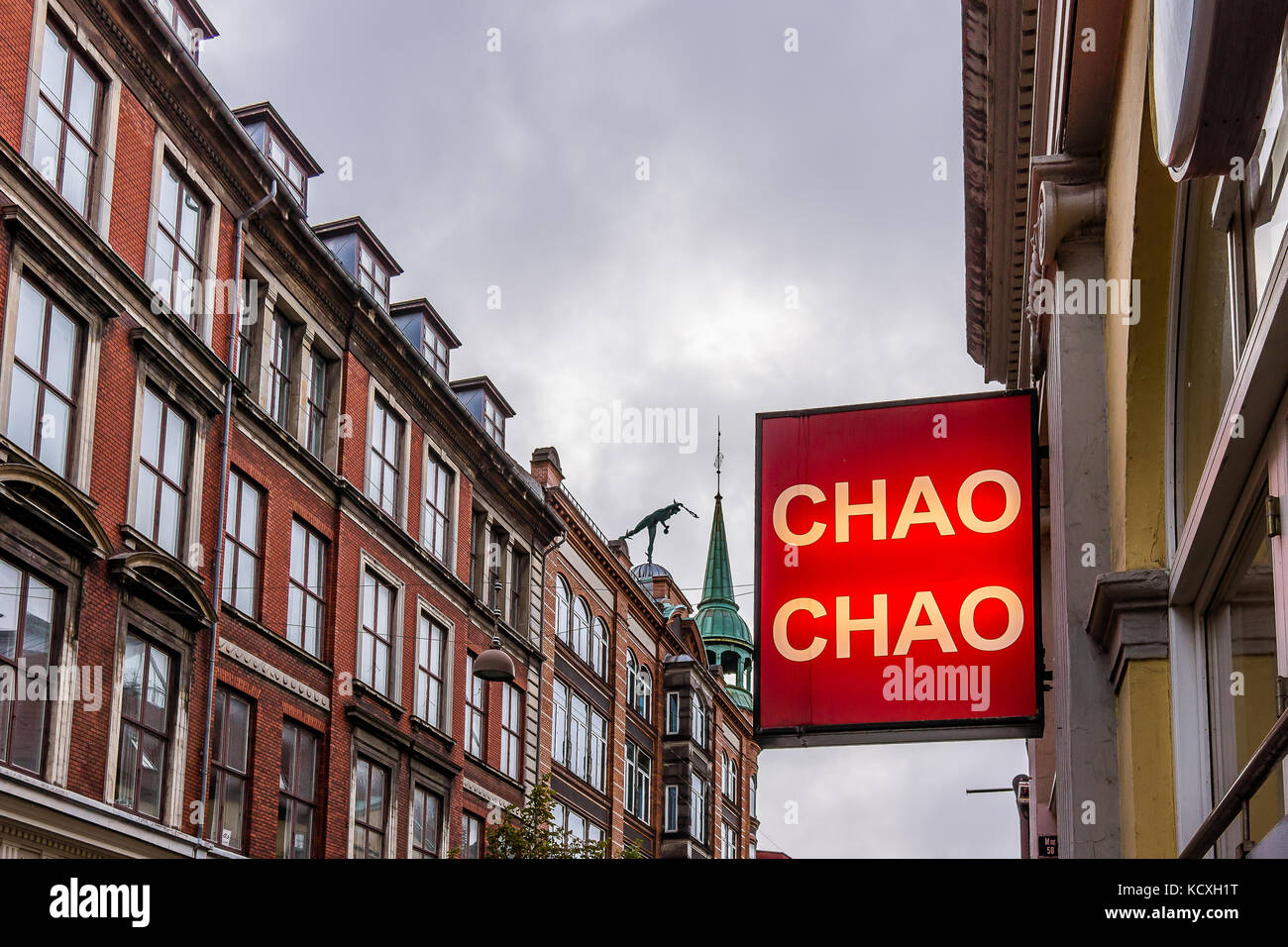 Chao Chao sign at the pedestrian street Kobmagergade in Copenhagen ...