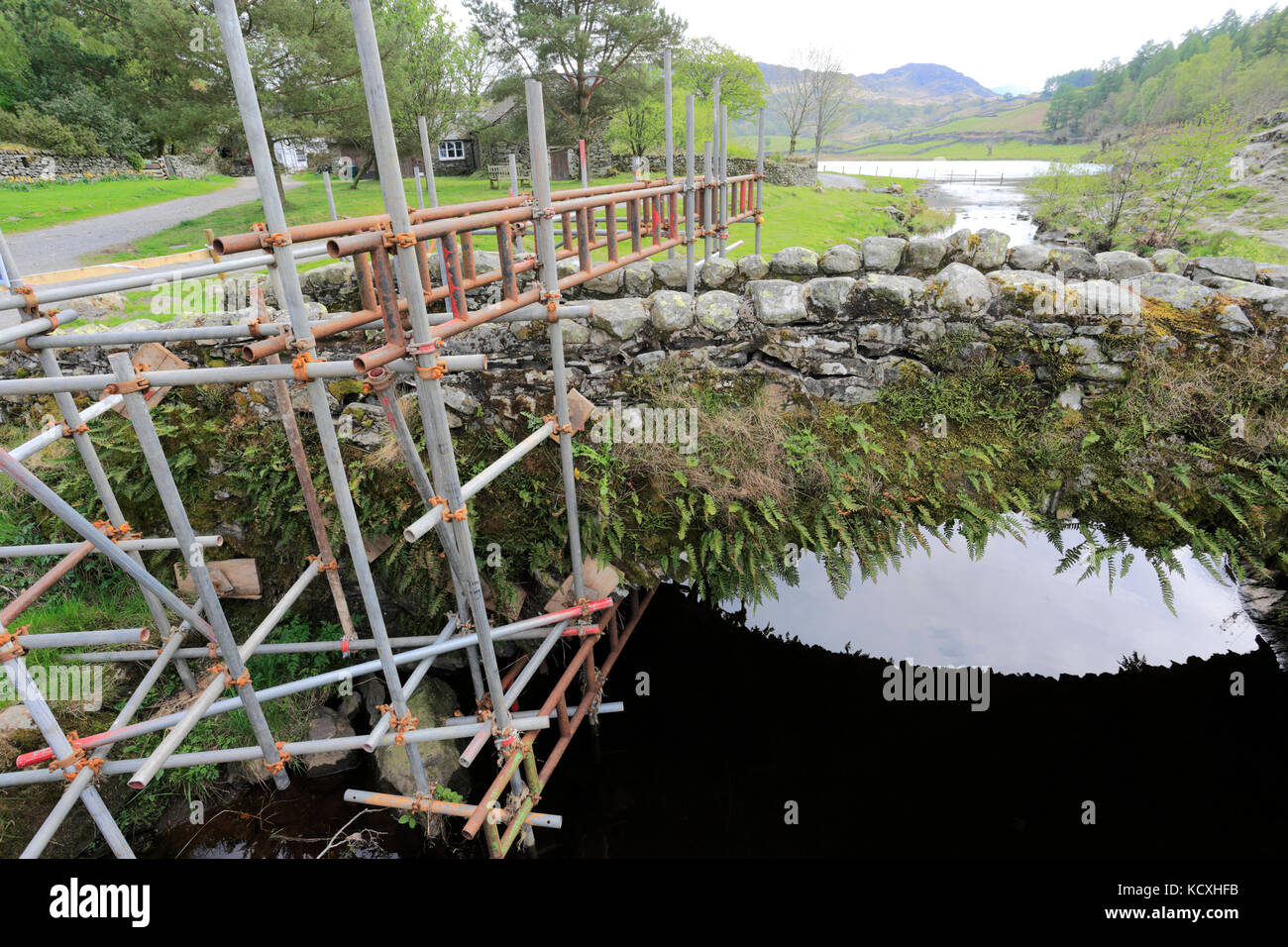 Scaffolding on the Packhorse stone bridge over Watendlath Beck ...