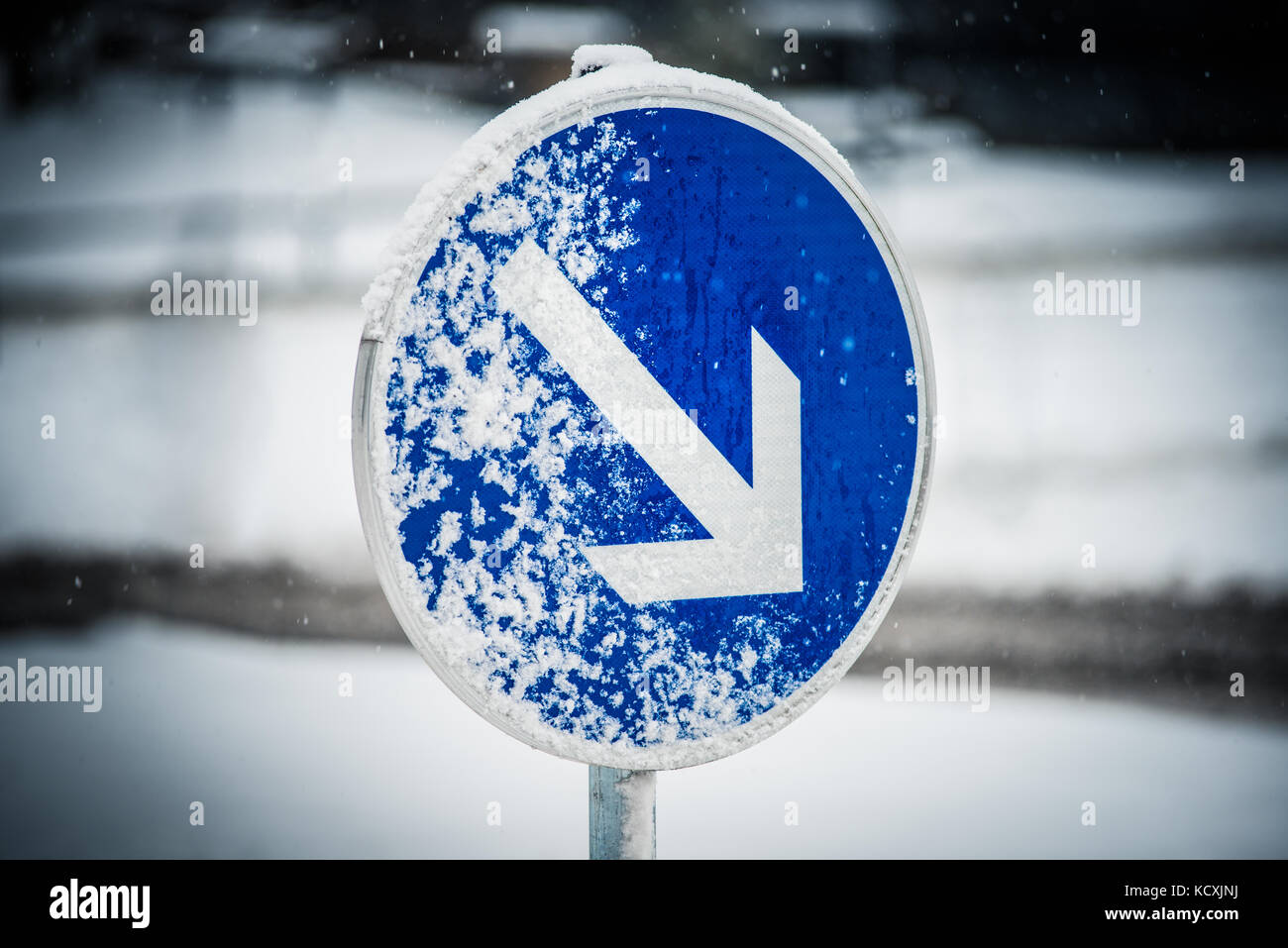 Traffic sign arrow blue sign in winter snow Stock Photo - Alamy