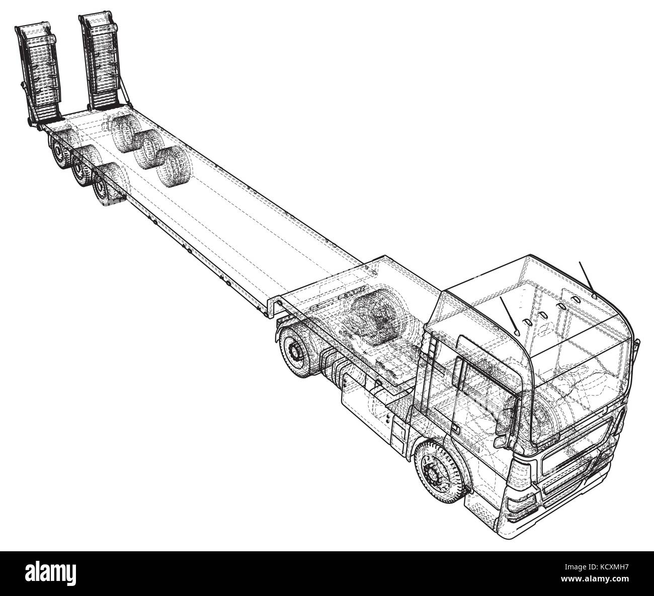 Low bed Truck Trailer. Abstract drawing. Wire-frame. EPS10 format ...