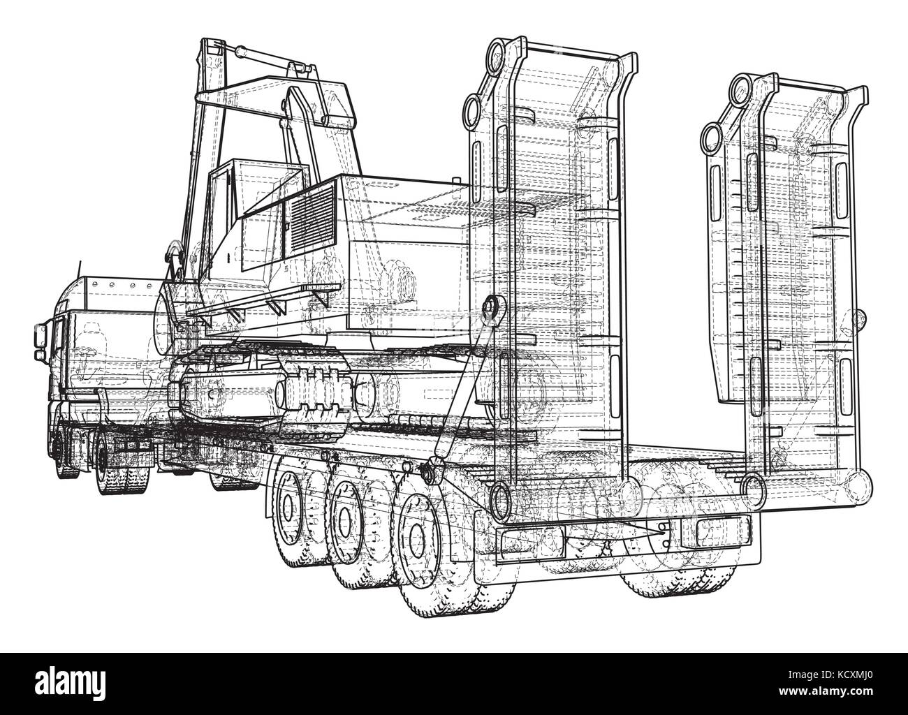 Low bed Truck Trailer and excavator. Wire-frame. EPS10 format. Vector ...