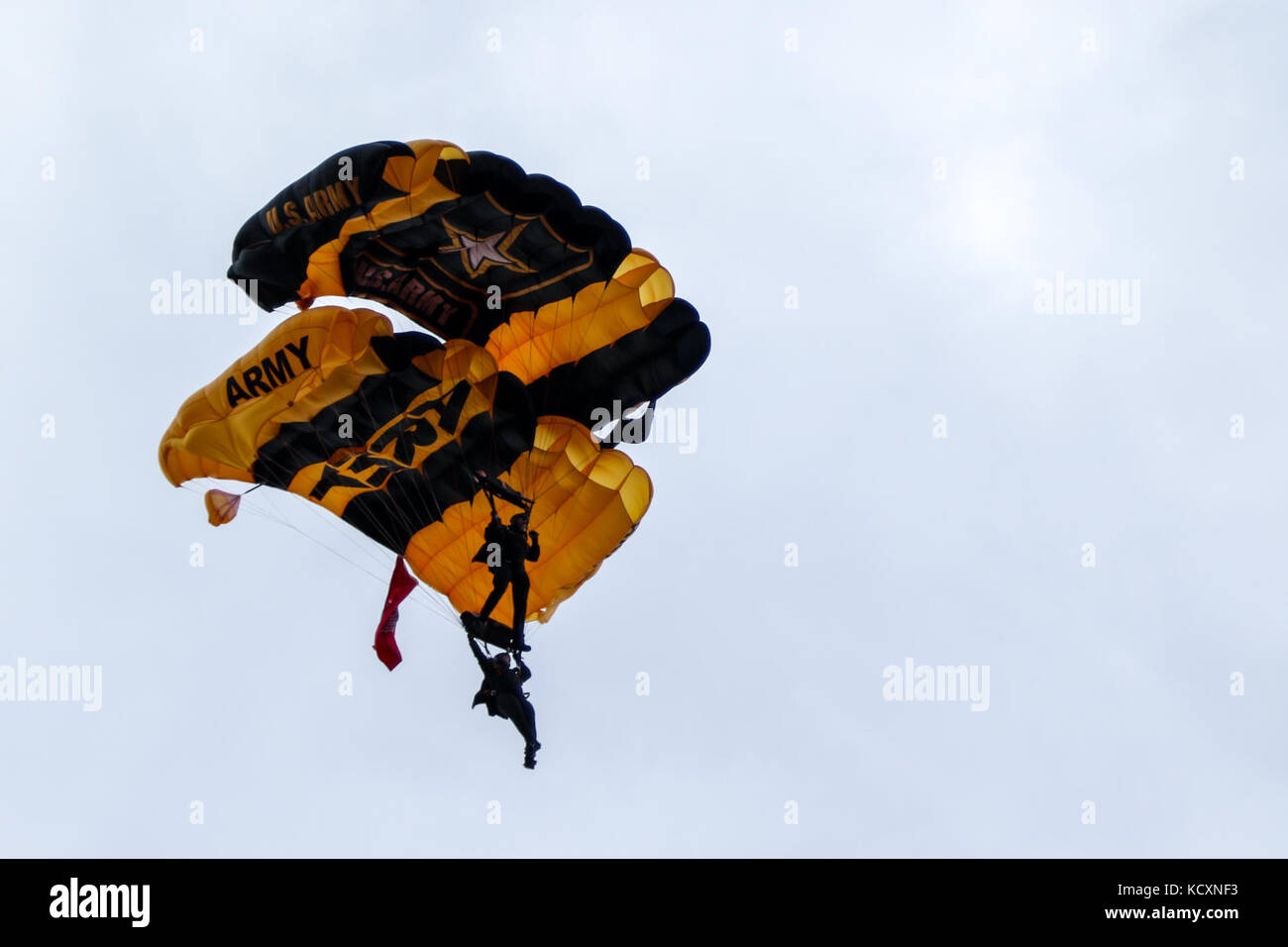 The U.S. Army Golden Knights parachute team perform an aerial ...