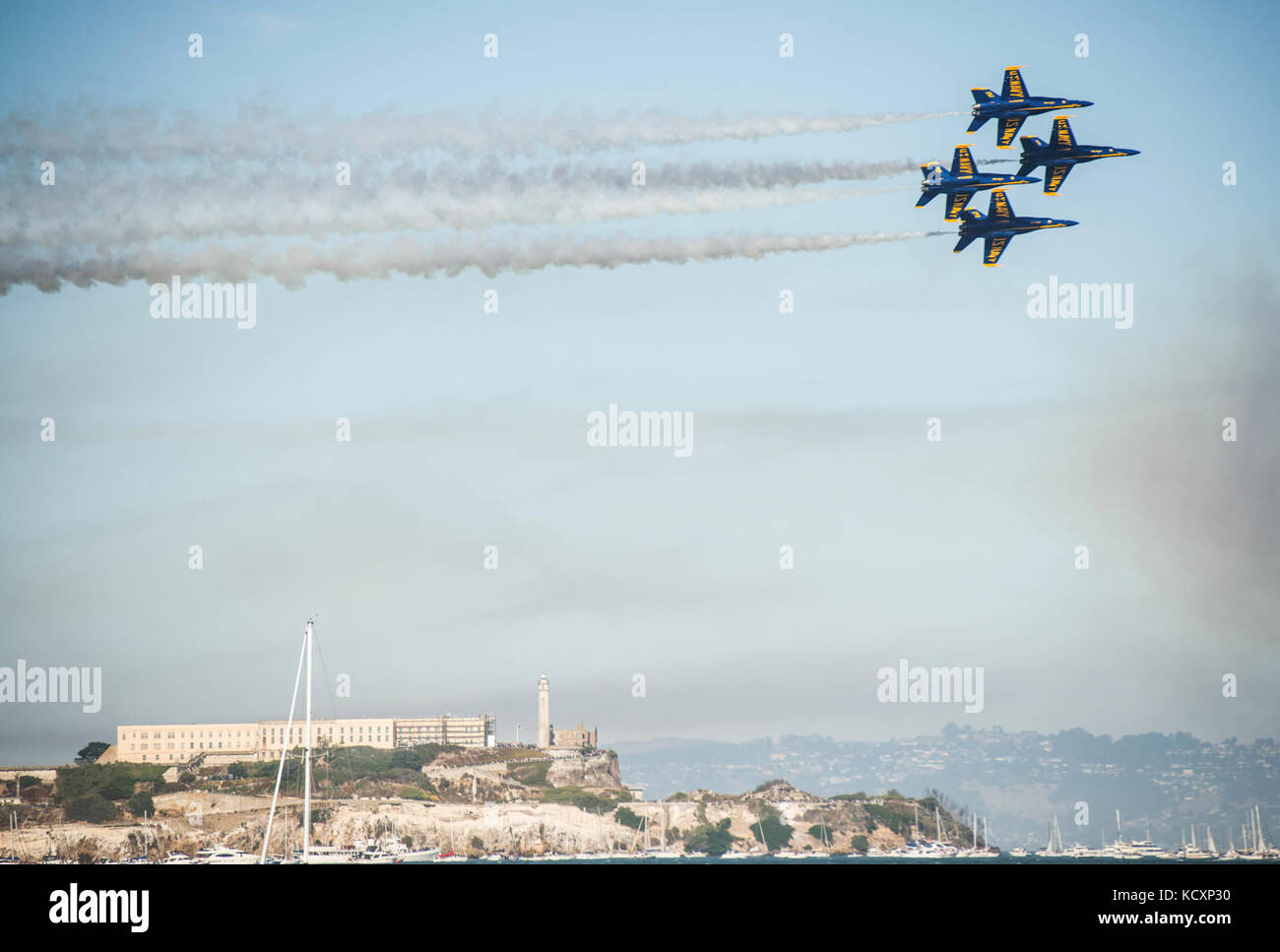 The U.S. Navy Blue Angels fly by Alcatraz in formation during the San ...