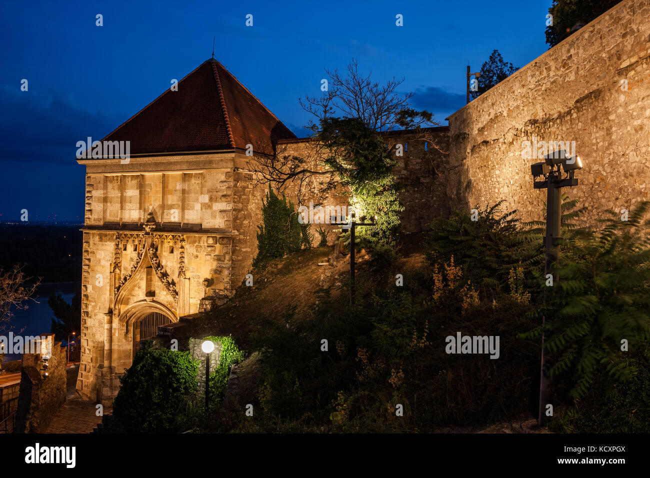Slovakia, Bratislava, Sigismund Gate and wall of Bratislava Castle lit ...