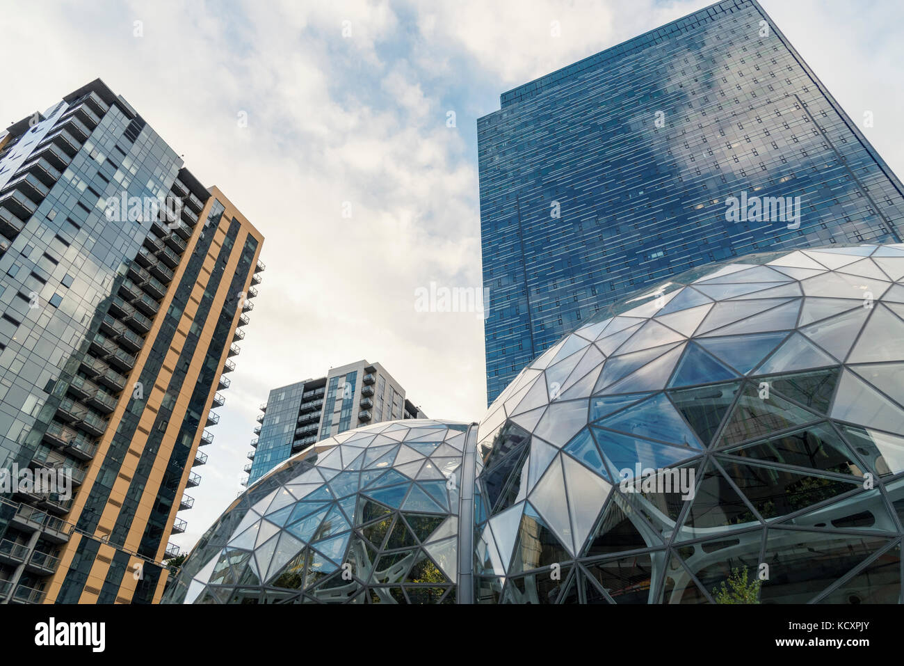 Looking up at the Amazon companies new world headquarters spheres and ...