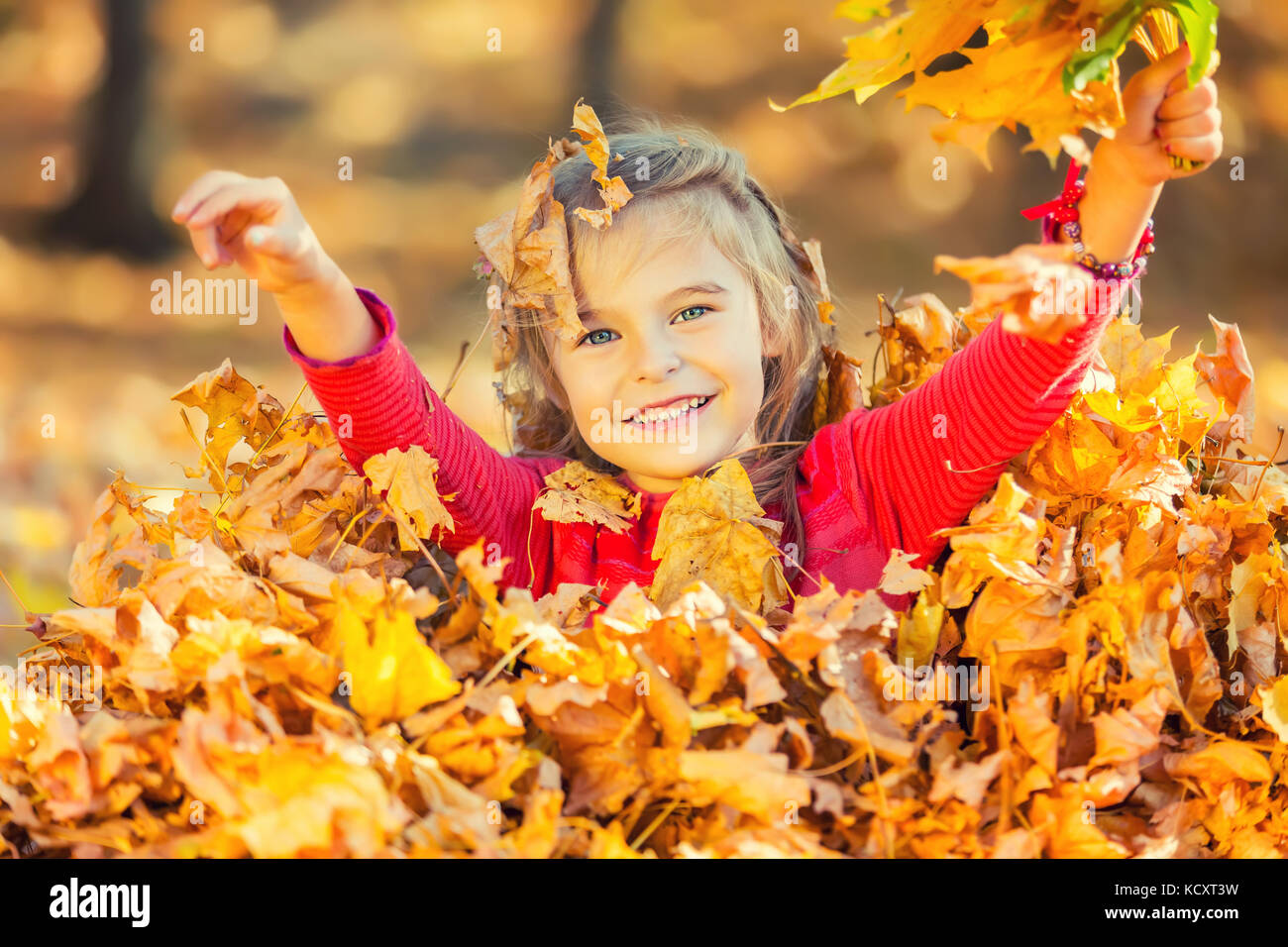 Happy little girl plays with autumn leaves Stock Photo - Alamy