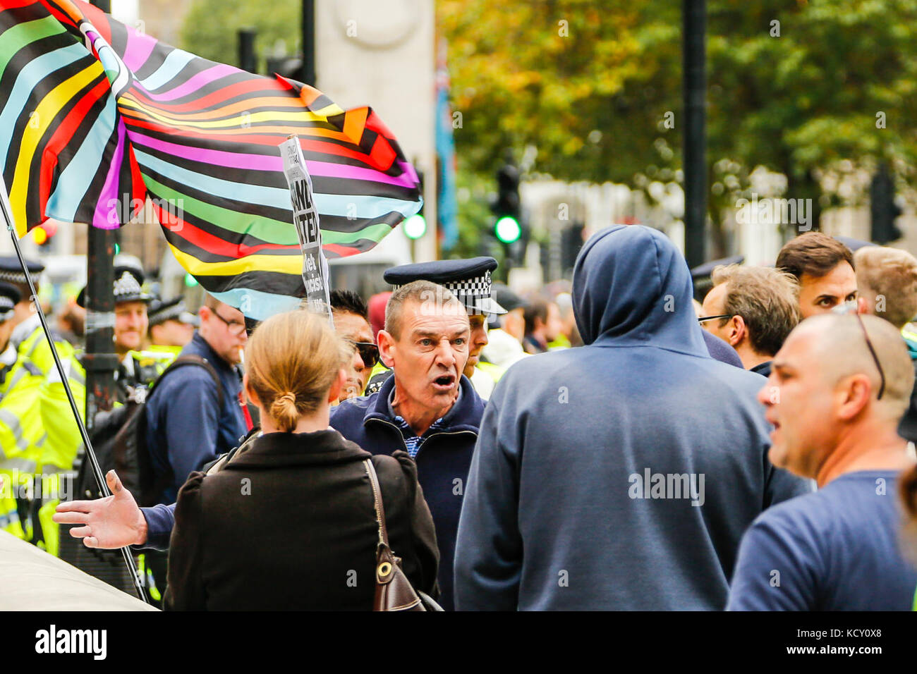London,UK. 7 October 2017. Angry confrontation on Whitehall as counter ...
