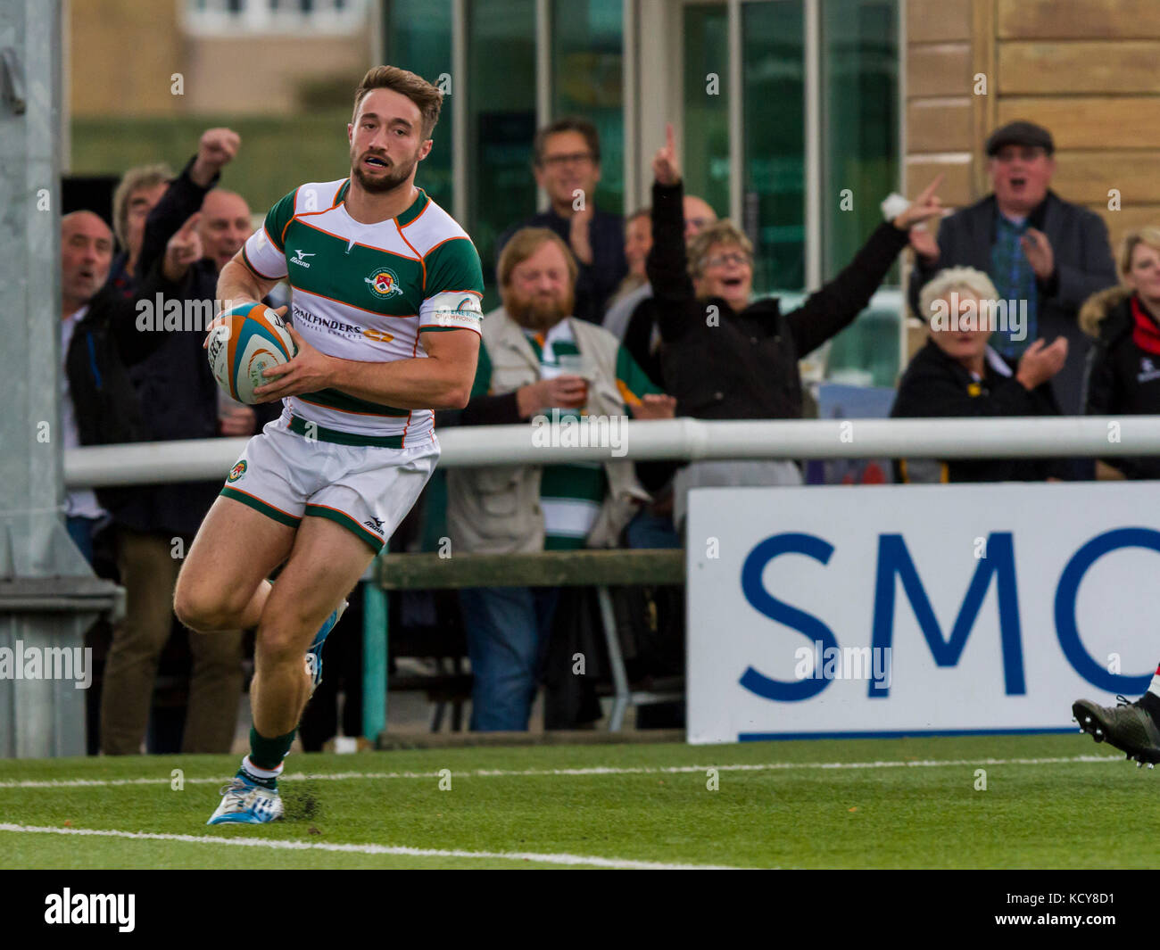 Miles Mantella scores a try, Ealing Trailfinders v Jersey Reds in a ...