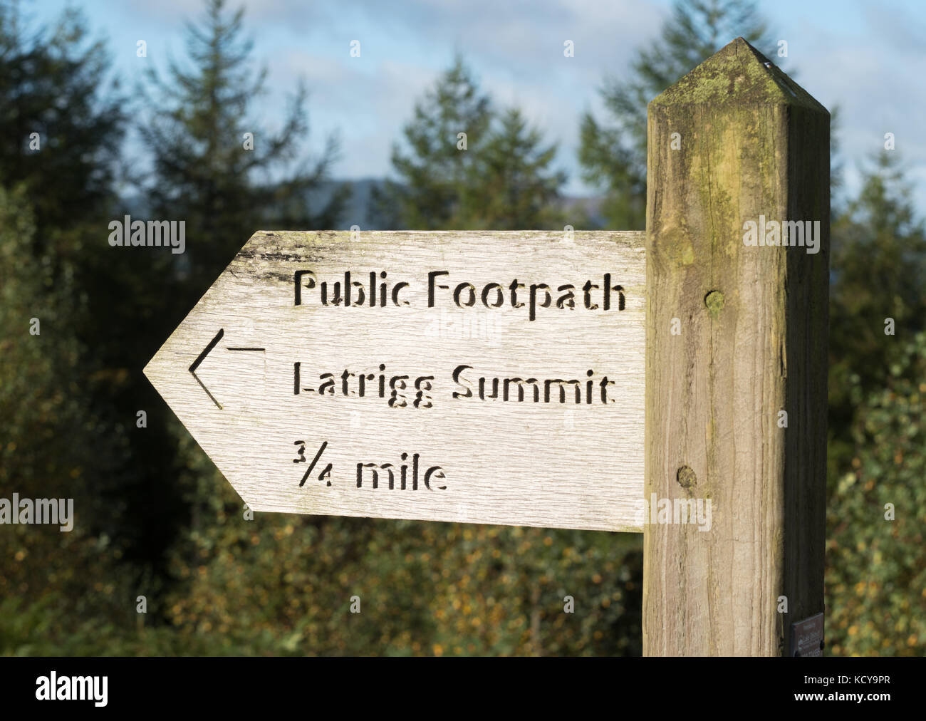 Public footpath sign to Latrigg summit, Lake District, Cumbria, England ...