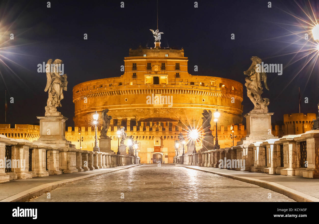 The Saint Angel Castle and bridge at night , Rome, Italy Stock Photo ...