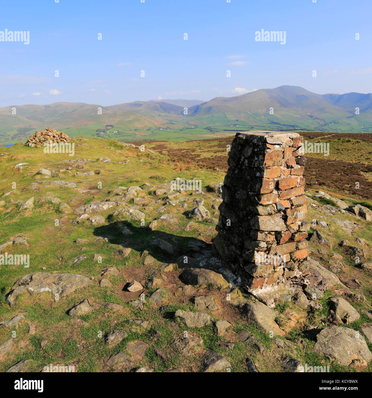 The Ordinance Survey Trig point at the summit on Binsey Fell summit ...