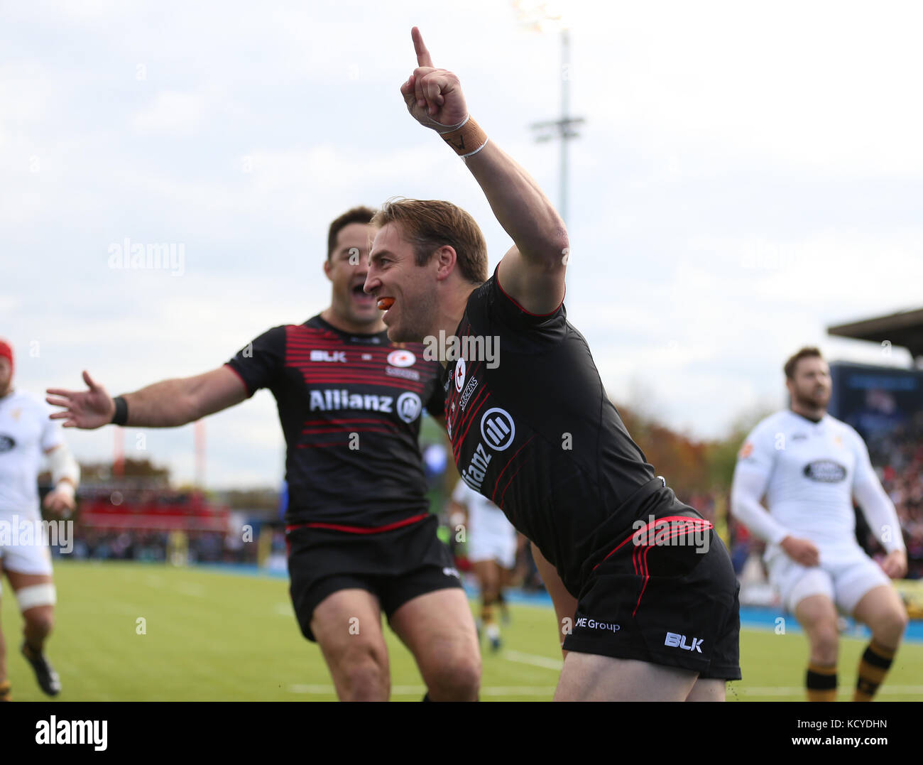 Saracens Chris Wyles celebrates after scoring the opening try of the ...