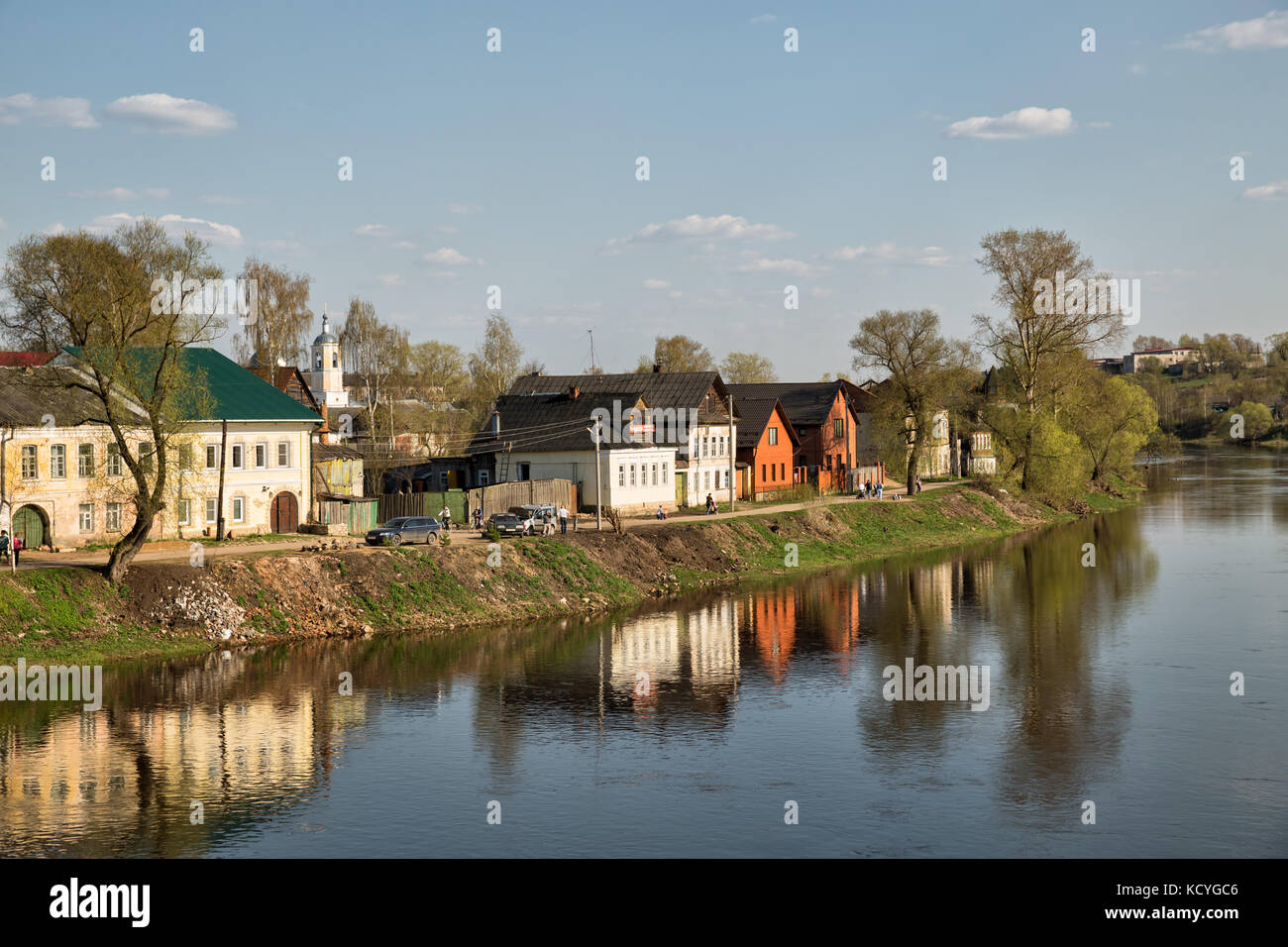 The provincial Russian town of Torzhok. Embankment of the river Tvertsa ...