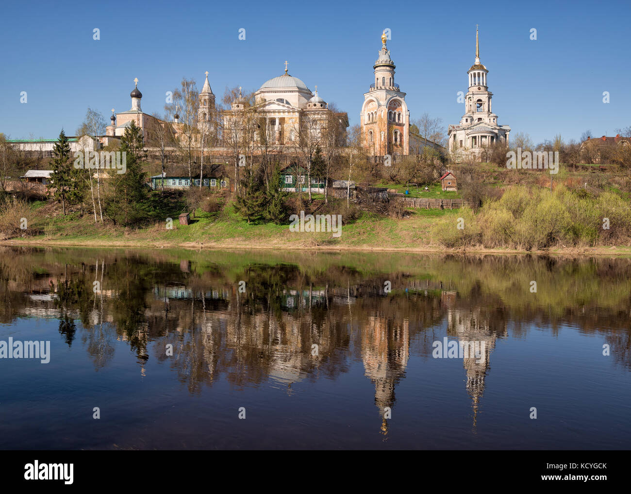 Boris and Gleb monastery is reflected in the water of the Tvertsa River ...