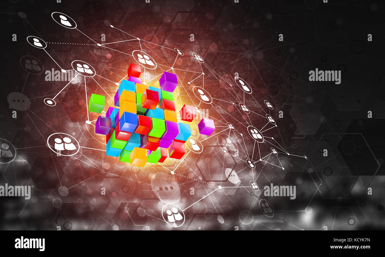 Concept of Internet and networking with digital cube figure on dark ...