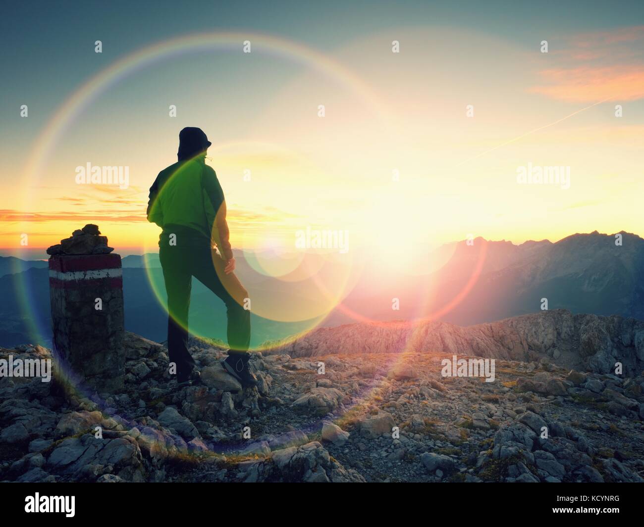 Lens flare light, strong effect. Bow light circles. Tourist at border ...