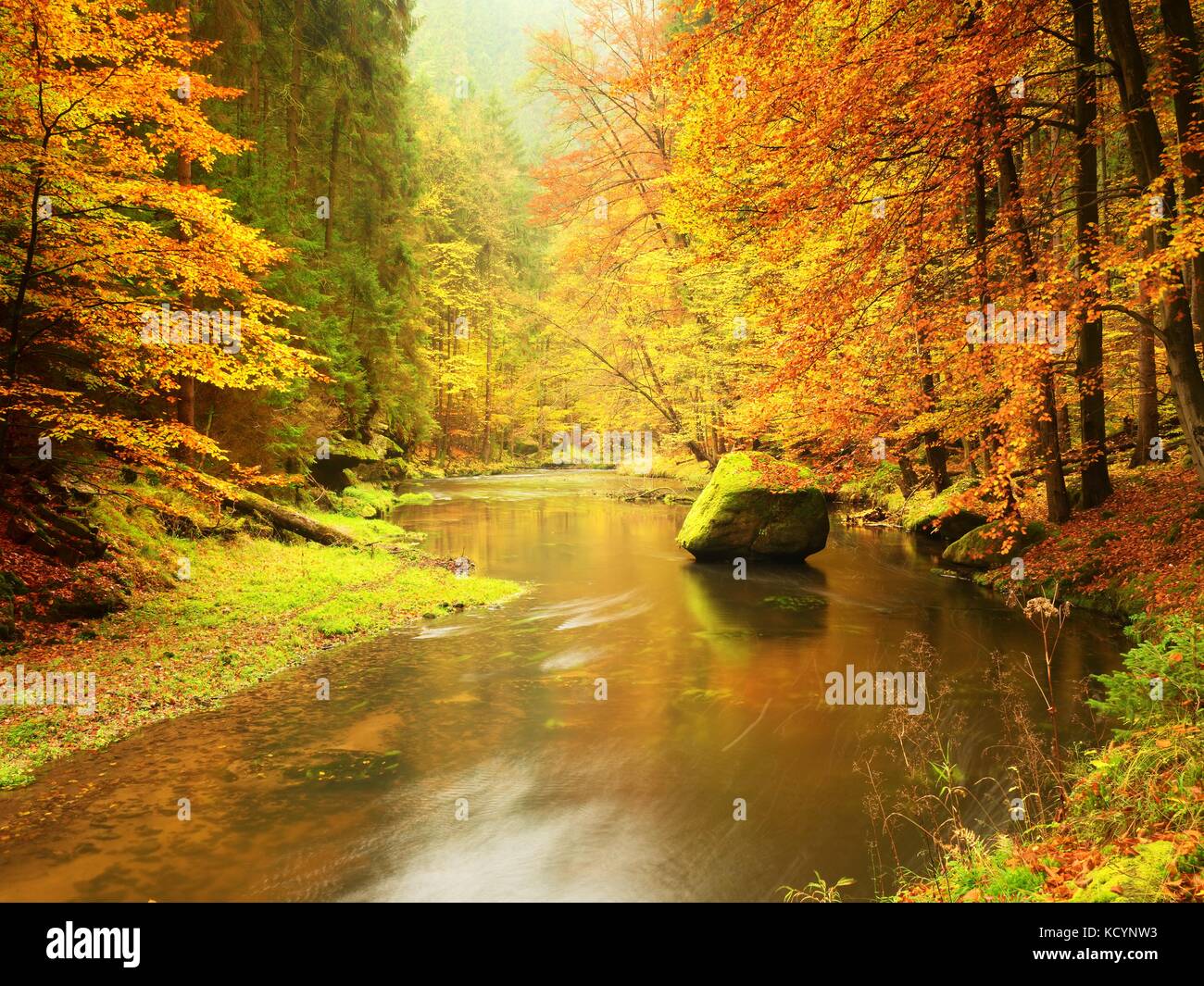 Beautiful Fall river lines with sandstone rocks, big boulders and ...