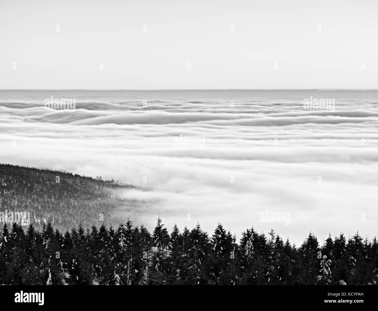 Misty valley in winter mountains. Peaks of mountains above creamy mist ...