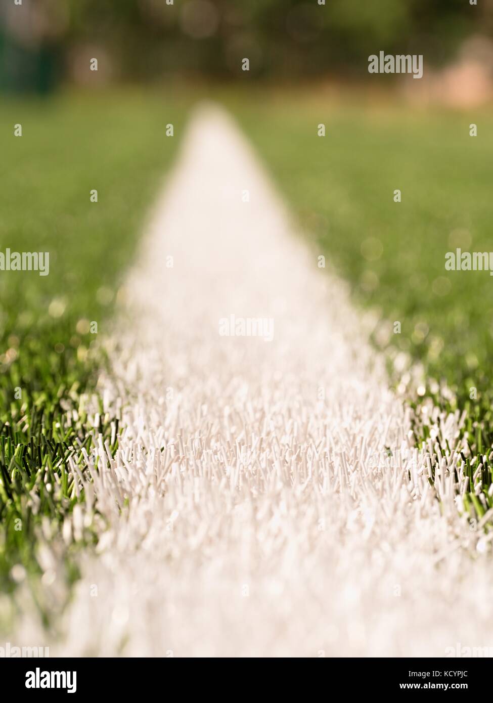 White line marks painted on artificial green turf background. Winter ...