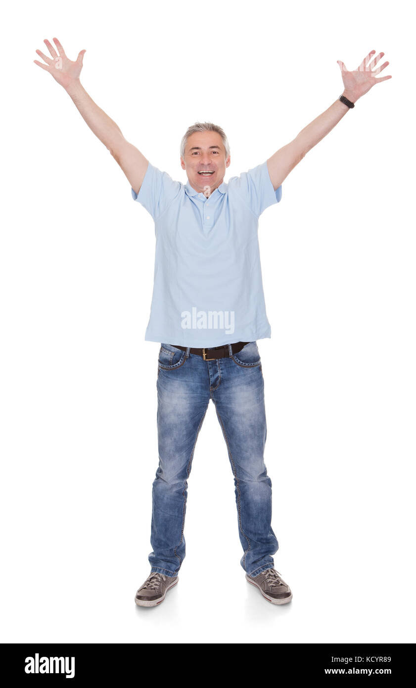 Mature Man Raising His Hands Over White Background Stock Photo - Alamy
