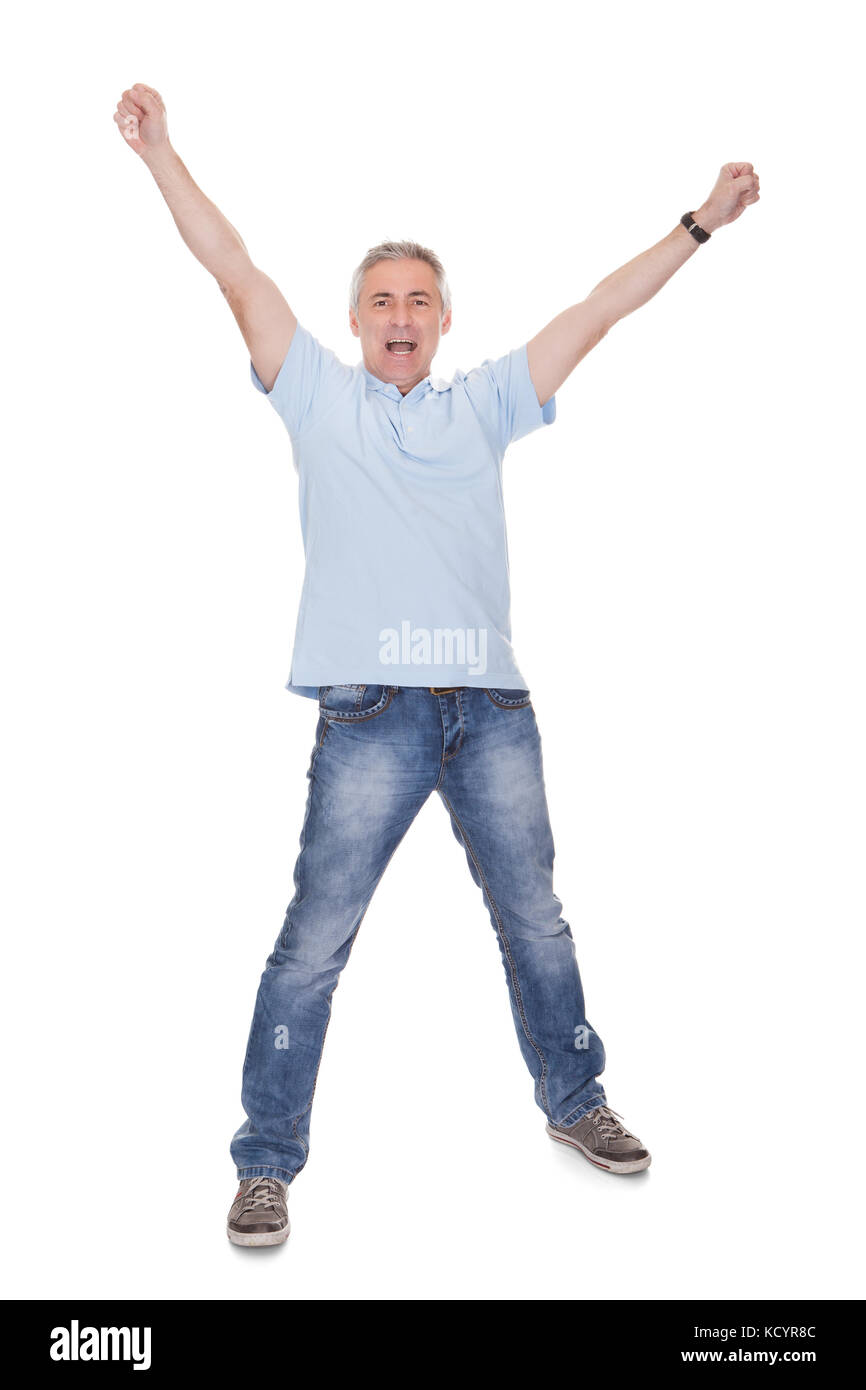 Mature Man Raising His Hands Over White Background Stock Photo - Alamy