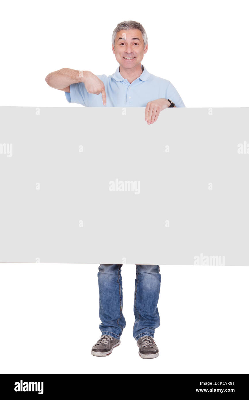 Man Presenting Blank Placard Over White Background Stock Photo - Alamy