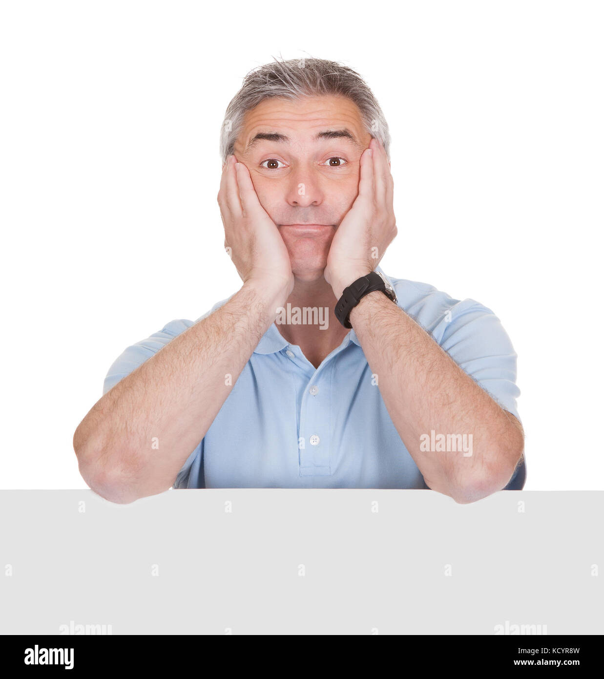 Man Presenting Blank Placard Over White Background Stock Photo - Alamy
