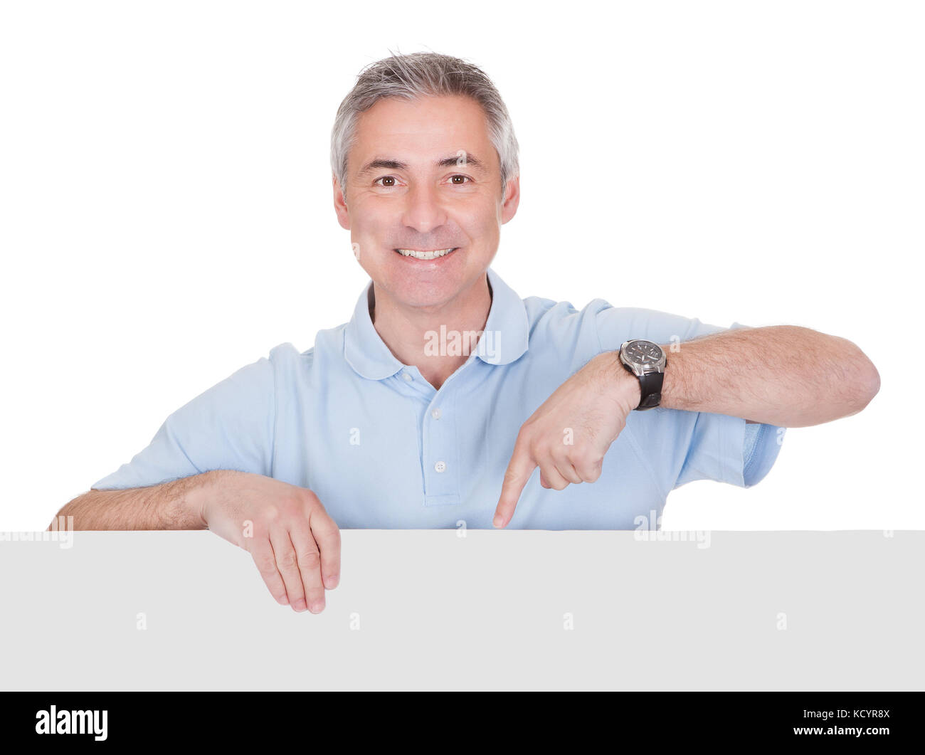 Man Presenting Blank Placard Over White Background Stock Photo - Alamy