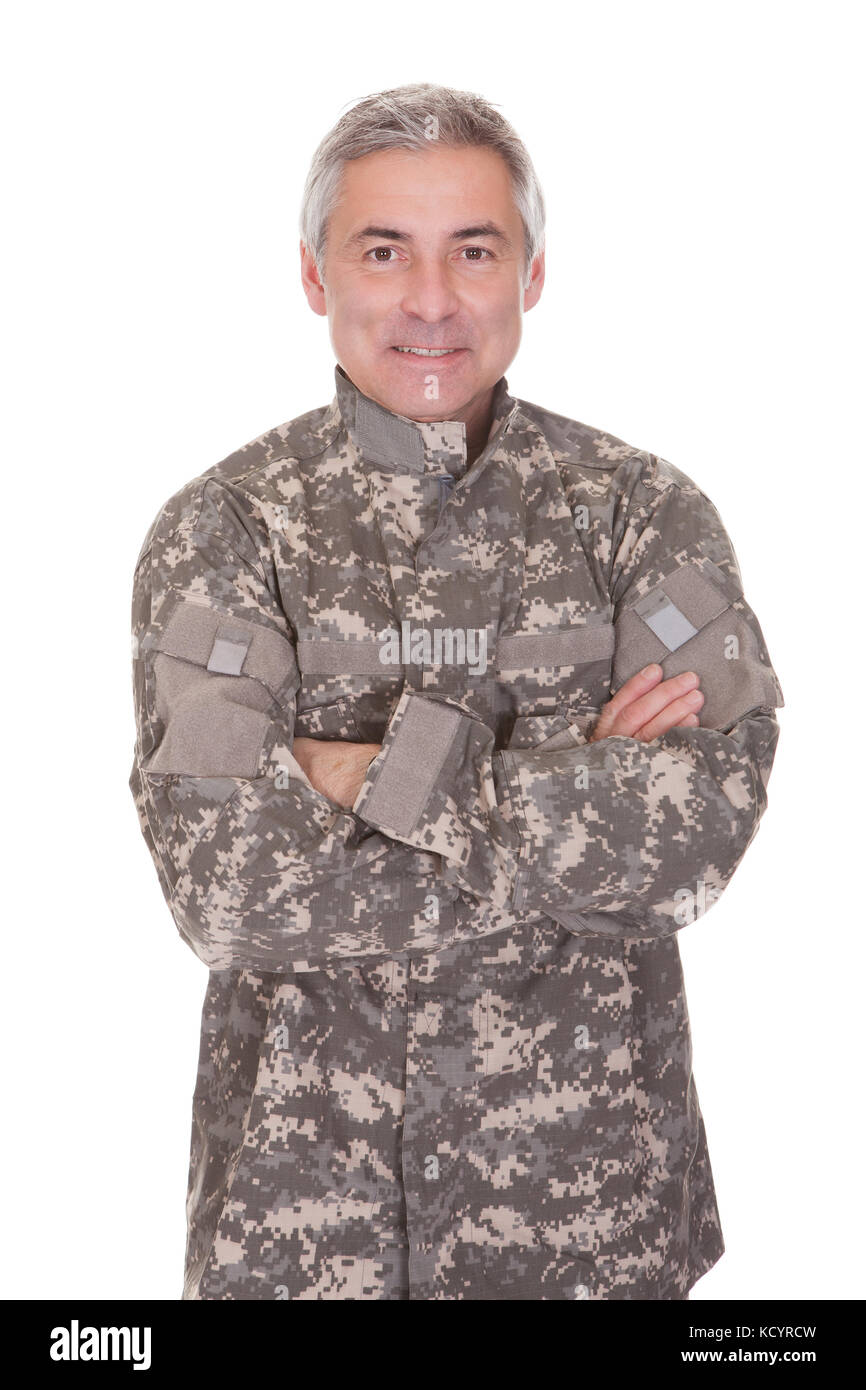 Happy Mature Soldier Isolated On White Background Stock Photo - Alamy