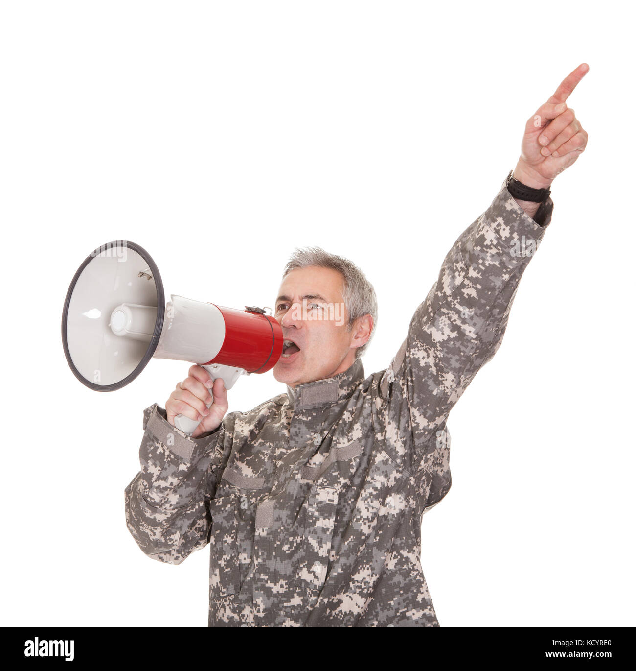 Mature Soldier Shouting Through Megaphone Isolated On White Background ...