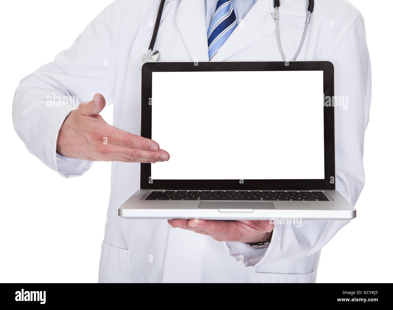 Portrait Of Male Doctor Showing Laptop Over White Background Stock ...